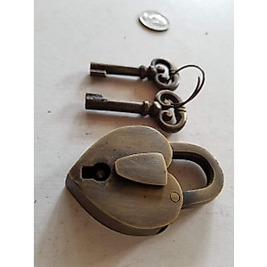 VTG. Small Love Valentines Paris Heart Lock w 2 Skeleton Keys Brass 2 5/8" #L8
