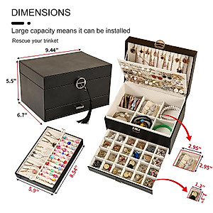 BOOVO Earring Jewelry Box For Women Girl Stud Organizer, 5 Layers Girl Jewelry Organizer Box With Lock Earring Holder Organizer Necklace Ring Jewelry Organizer Box For Girls (Black)