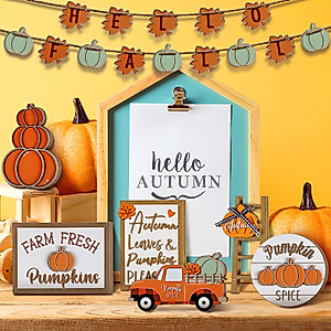 23-Piece Fall Tiered Tray Decoration Set - Thanksgiving Pumpkin Maple Leaf Truck Wooden Sign Rustic Farmhouse Tray Decoration Tabletop Sign Holiday