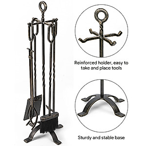 AMAGABELI GARDEN & HOME 5 Pieces Fireplace Tools Sets Wrought Iron Fireplace Set Antique Brass Copper with Poker Tongs Broom Shovel Stand Indoor Fire Place Kit Wood Stove Hearth Accessories Gold