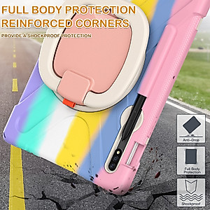 BRAECN Case for Galaxy Tab S9/S8/S7 11 Inch SM-X710/X700/T870, Rugged Silicone Cover with Stable Kickstand, S Pen Holder, 360°Rotating Handel Grip, Shoulder Strap for Galaxy Tab S9 2023, Colorful Pink