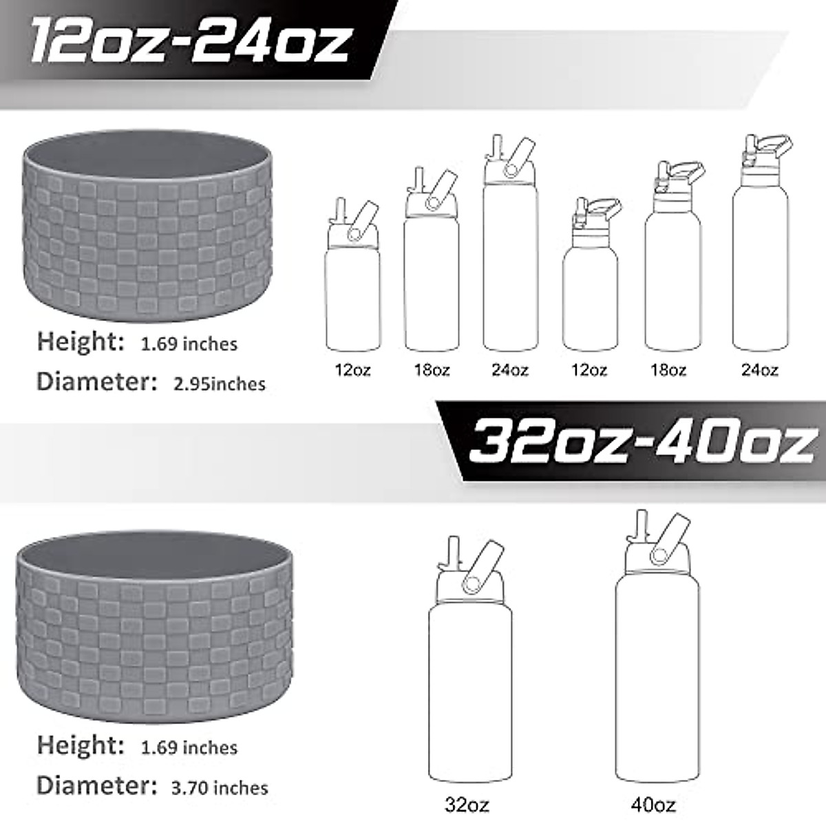 VIKIZUES Water Bottle Boot, Compatible with Hydro Flask and Others, Anti-Slip Bottom Silicone Sleeve Cover with Checkered Texture, Fits 32-40 oz Water Bottler, Grey