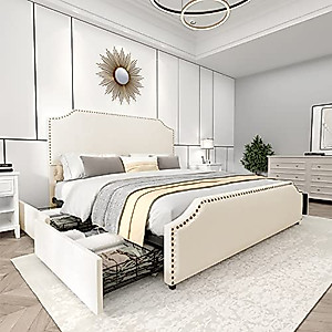 AMERLIFE Queen Size Bed Frame with 4 Storage Drawers and Headboard, Queen Velvet Upholstered Platform Bed with Rivet Curved Adjustable Headboard/Strong Wooden Slats/Easy Assembly/Cream