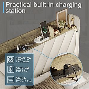 DIYSET Queen Bed Frame with Charging Station Headboard, Upholstered Platform Bed Strong Wooden Slats Support, with 4 Storage Drawers, Noise-Free, No Box Spring Needed, Easy Assembly, Beige