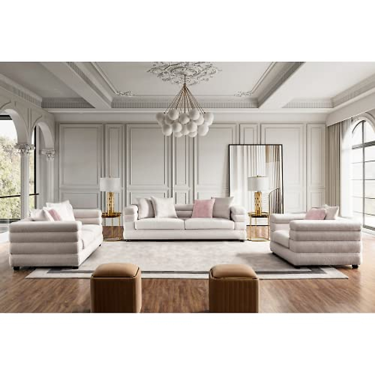 Acanva Modern Sofa with Channel Tufting and Soft Pocket Coil Cushions, Small Space Living Room Furniture, 89”W Couch, White Teddy Velvet