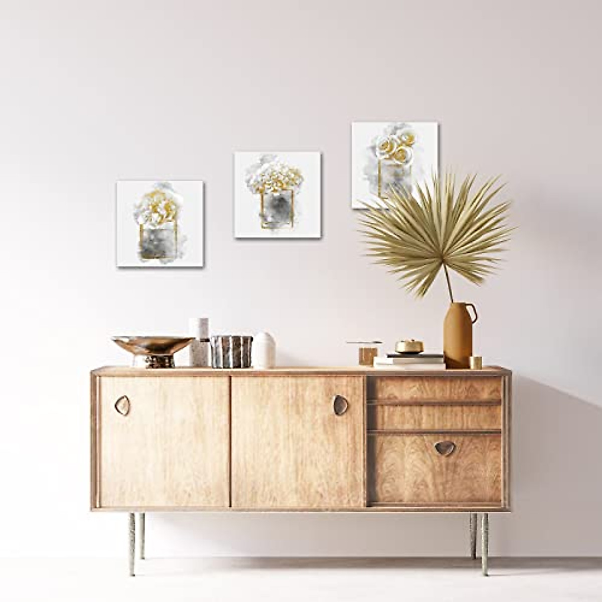 HOMEOART Gold Grey Flower Bathroom Decor Picture Perfume Bottle with Flower Fashion Canvas Wall Art Framed Ready to Hang 12x12inchx3Pieces