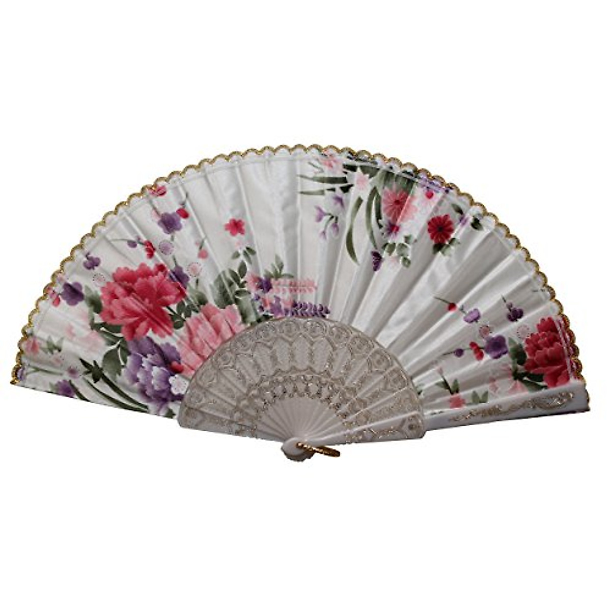 REINDEAR Multi-Pattern Decoration Fabric Flower Print Foldable Silk Lace Trim Hand Fan (3 Pcs, Silk)