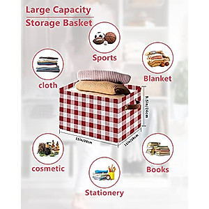 Rustic Red Checkered Storage Basket for Shelves, Valentine Red Buffalo Plaid Storage Cube Fabric Storage Bins, Closet Organizers with Handles for Book, Toys, Cloth, 15x11x9.5 Inch