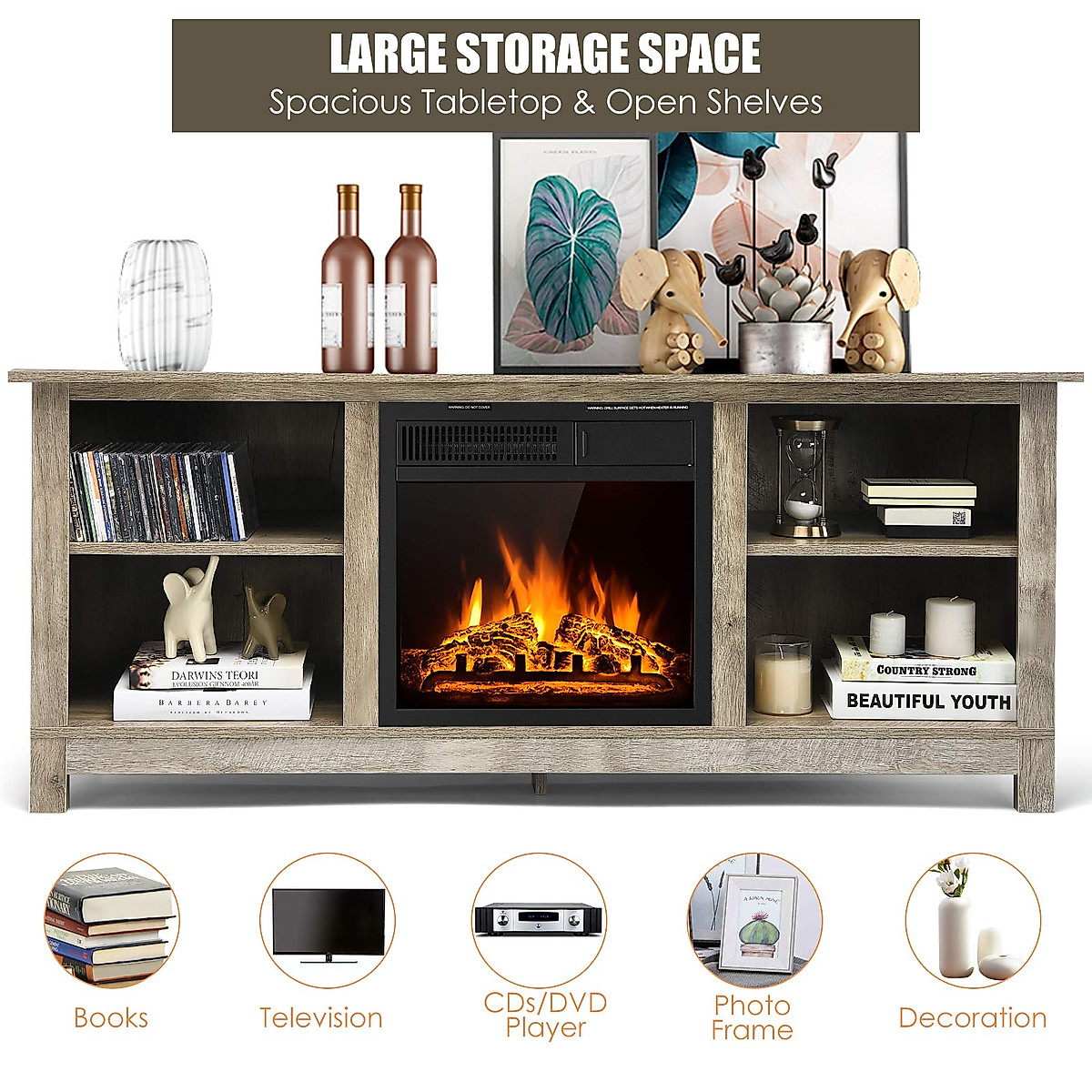 Tangkula Fireplace TV Stand for TVs up to 65 Inches, 58 Inches Media Console Table w/Fireplace, 1500W Electric Fireplace Stove TV Storage Cabinet w/Remote Control, Adjustable Brightness & Heat