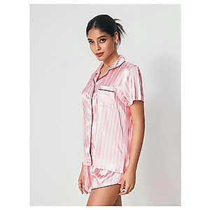 WDIRARA Women's Satin Sleepwear Short Sleeve Button Shirt and Shorts Pajama Set Silky PJ Striped Pink L