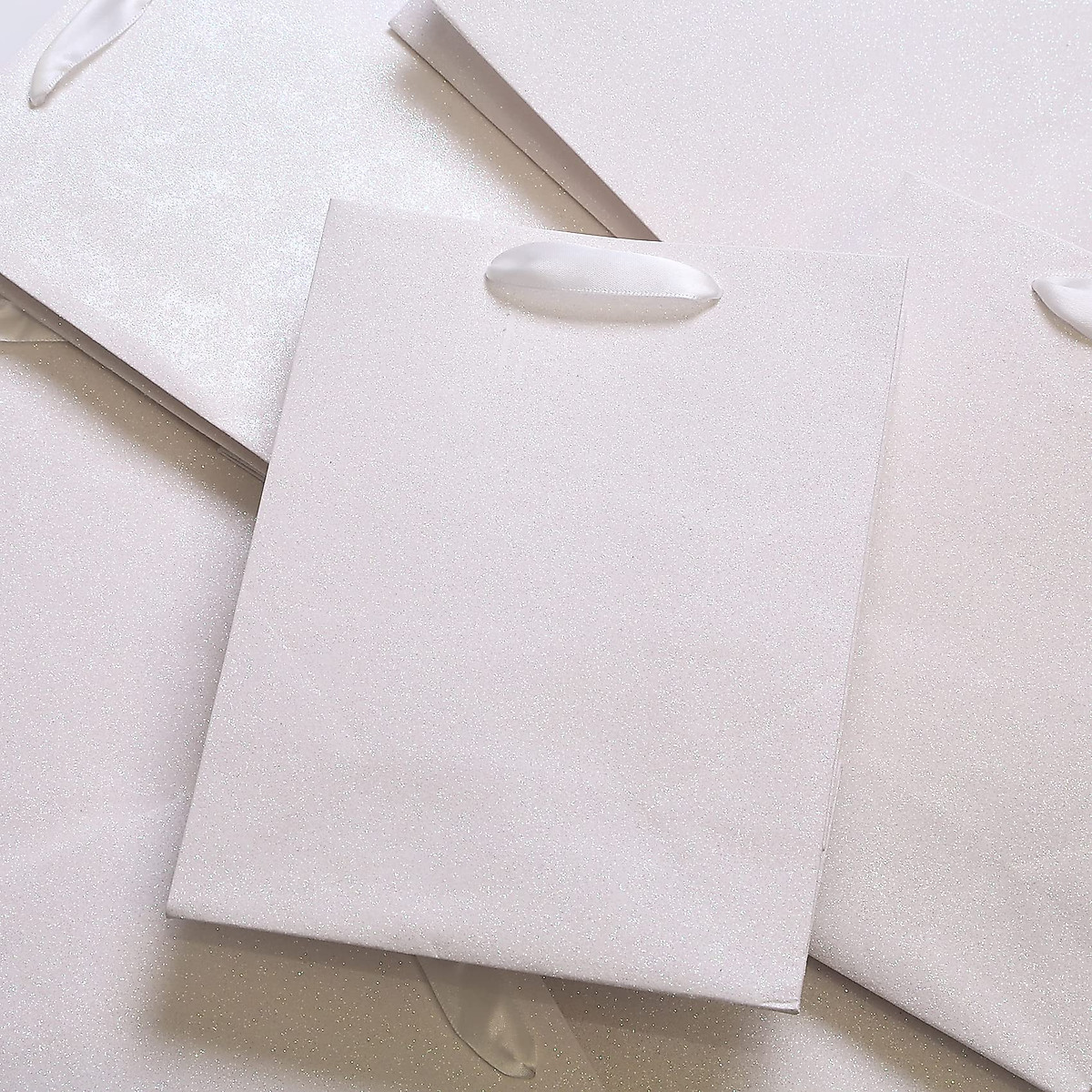 PAPER FAIR 12Pcs Embossed Crystal White Glitter Gift Bags with 24 Tissue Paper Bulk, M 9x7 Inch, Christmas Valentines Day Gift Wrap Bag, Wedding Bridal Shower Favor Bag Gift Packaging, Holiday