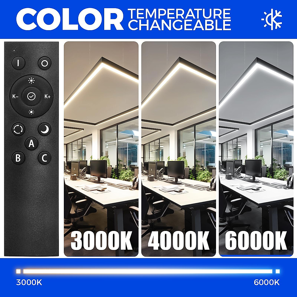 Barrina 9FT x 5FT 5568 Remote Series LED Linear Light Rectangular Set, 2nd-Generation, 45W Seamless Connection, 3000K to 6000K Color Changing Hanging Commercial Shop Light Fixtures with Remote