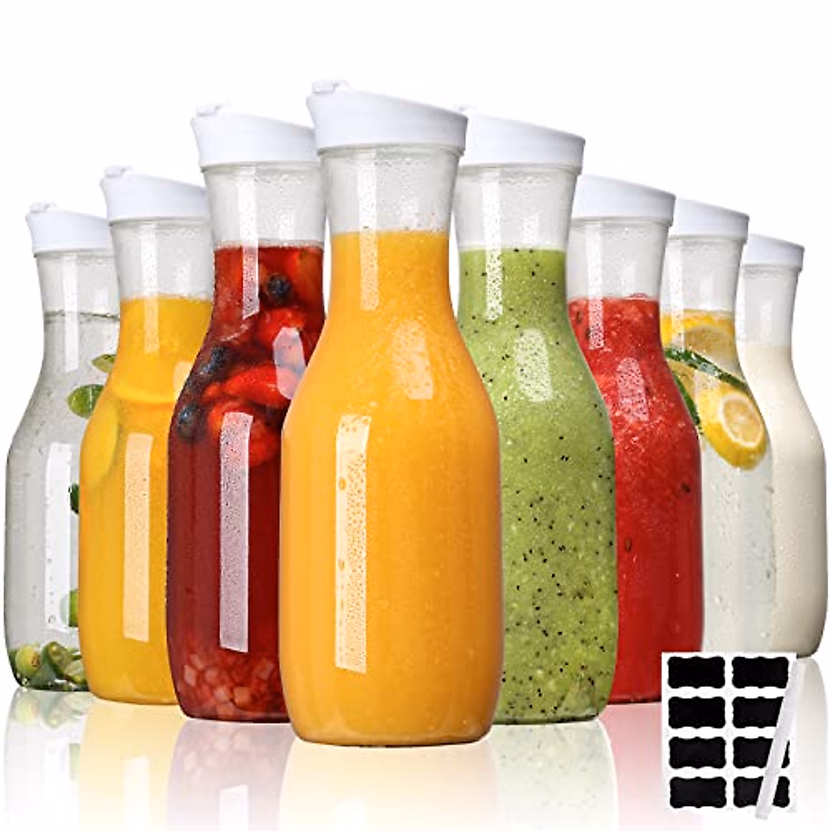 Tomnk 8 Pack 50 Oz Water Carafe with Flip Top Lid, Plastic Heavy Duty Water Containers, Mimosa Bar Beverage Pitcher for Juice, Water, Tea, Milk, Lemonade and Other Beverages