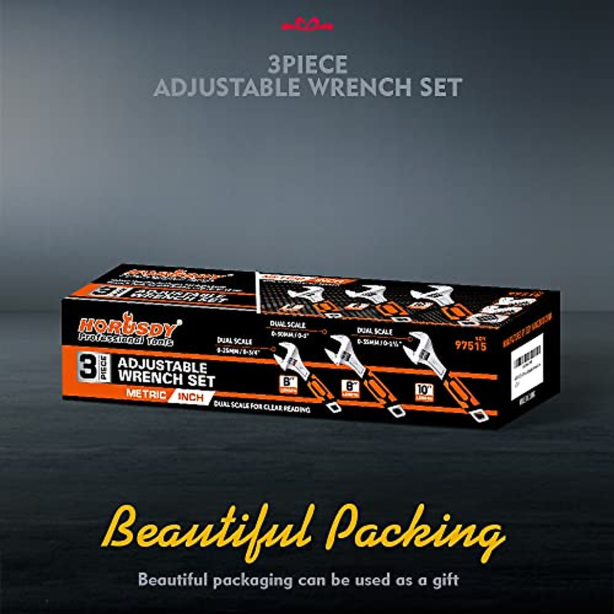 HORUSDY 3-piece Adjustable Wrench Set, 6-Inch 8-Inch & 10-Inch, Metric & SAE Scales, Extra-Wide Jaw Crescent Wrenches Set