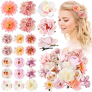 BBTO 21 Pieces Flower Hair Clip Rose Hair Clips Hair Barrettes for Women Flower Hair Accessories Boho Bride Claw Clip Hairpin Brooch Pin Headpiece for Wedding(Pink, White)
