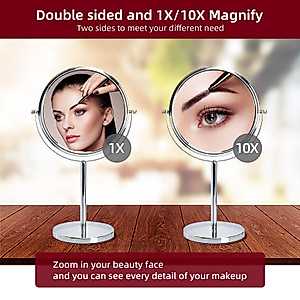 Tabletop Makeup Mirror with Magnification 8" Double-Sided Vanity Mirror 1X/10X Magnifying Mirror with Stand,Classic Round Desktop Make Up Mirror for Bathroom Bedroom,15" Height,Bright Silver,No Light