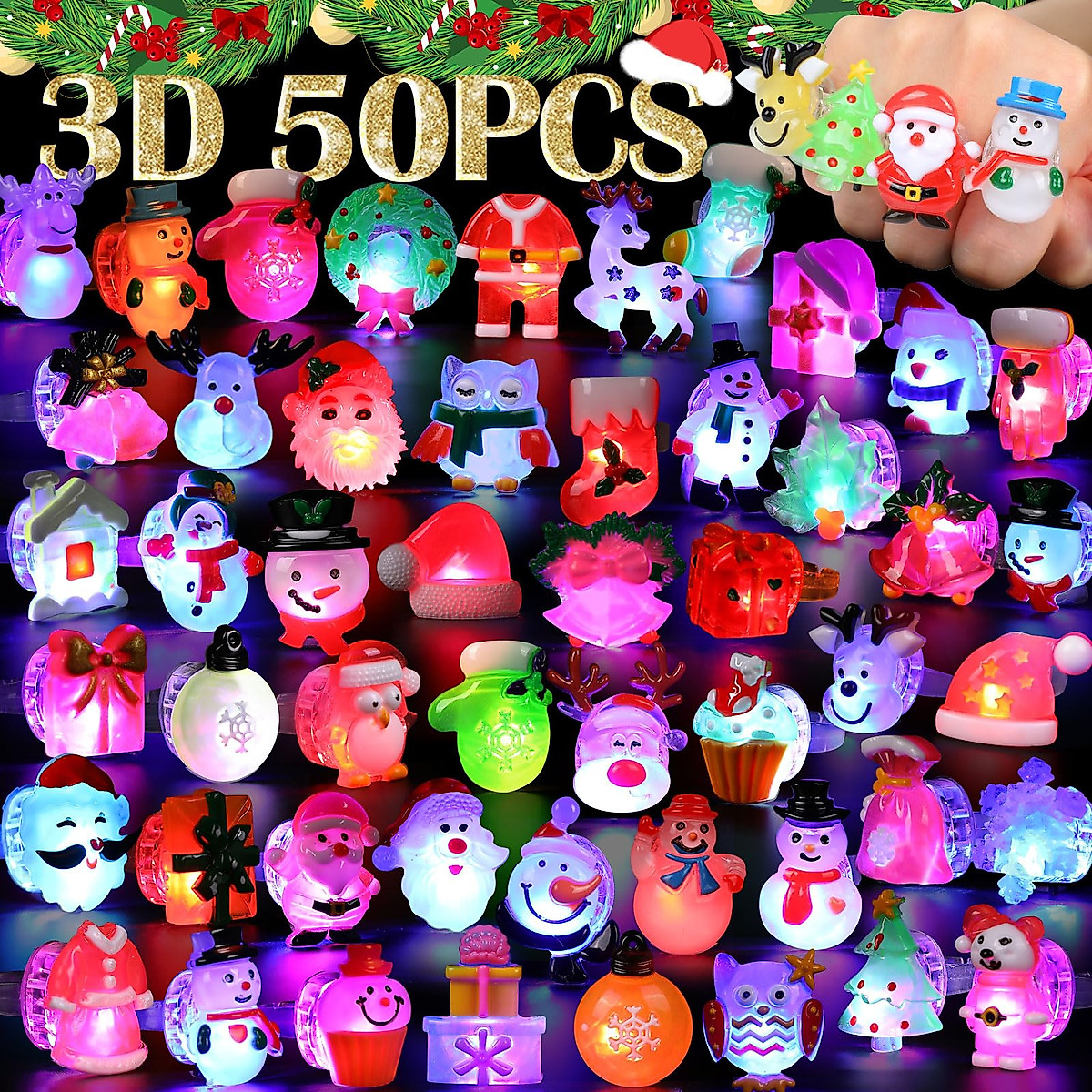 3D Nucifer 50 Pcs Christmas Light Up Rings Christmas Party Favors for Kids Adults Christmas Party Toy Stocking Stuffer LED Flashing Rings Glow in the Dark Christmas Toys for Boys Girls Christmas Gifts