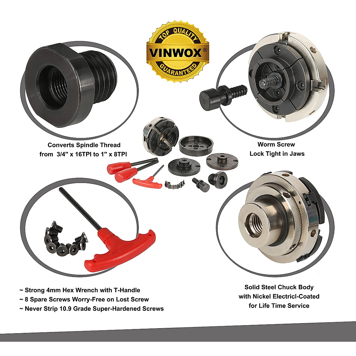 VINWOX SCR4-4NV-SET 4” Wood Lathe Scroll Chuck Set, 4-Jaw Self-Centering Chuck Set, with Nickle electric Coating Chuck Body & 1"x8TPI thread & 3/4"x16TPI Adapter