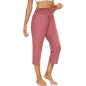 UEU Women's Elastic High Waist Capri Plus Casual Summer Loose Fit Wide Leg Yoga Pants Maternity Lounge Capris Sweatpants Pockets(DustyRose,2XL)