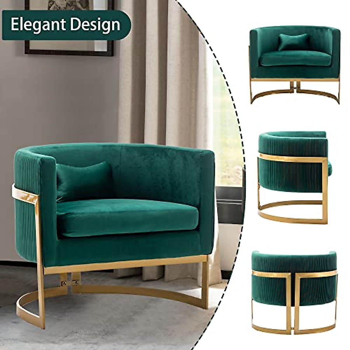 Modern Living Room Chair Velvet Barrel Accent Chairs Armchair, Upholstered Lounge Chair Mid Century Tub Bucket Club Side Chair Sofa for Bedroom-Green