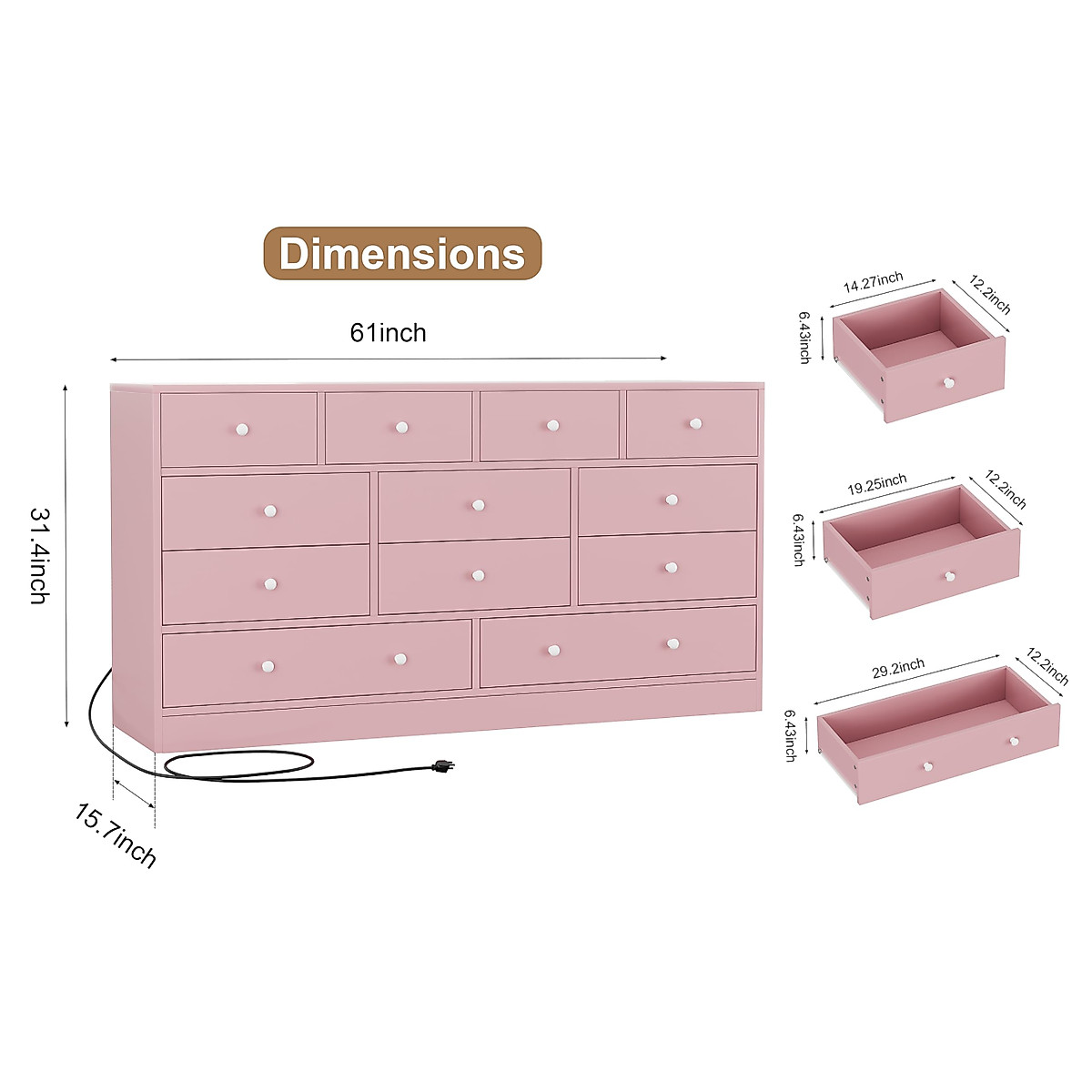 GarveeHome 12 Drawer Dresser for Bedroom, 61 Inch Wood Dresser with Power Outlet, Wide Dresser Chest of Drawers for Living Room, Hallway, Tall Dressers with Smooth Metal Rail, Large Storage, Pink