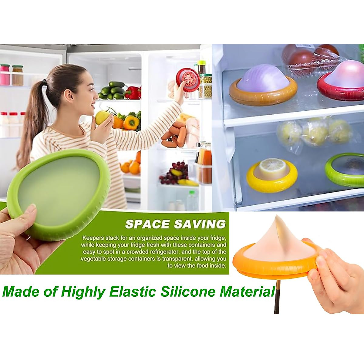 LCYHOMIEE Avocado Saver and Tomato Holder, Set of 4 Silicone Fruit Storage Box Reusable Storage Containers for Fridge - Ideal for Garlic, Onions, Lemons, and Potatoes