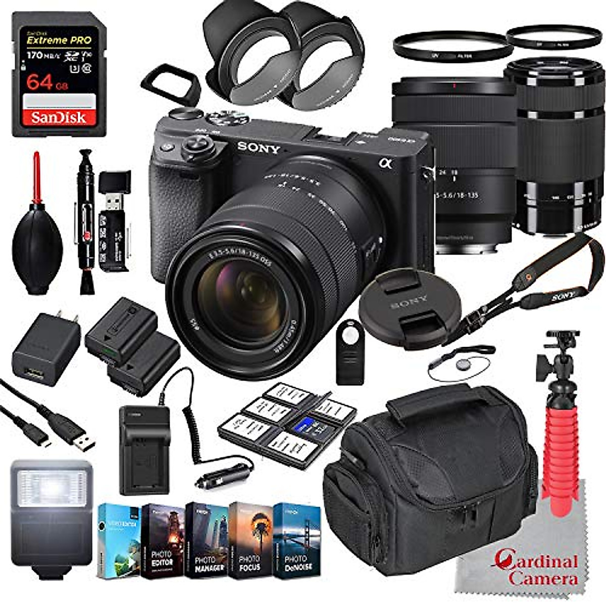 Sony Alpha a6400 Mirrorless Camera with 18-135mm and 55-210mm Lenses Bundle + Extreme Speed 64GB Memory + (31 Items)