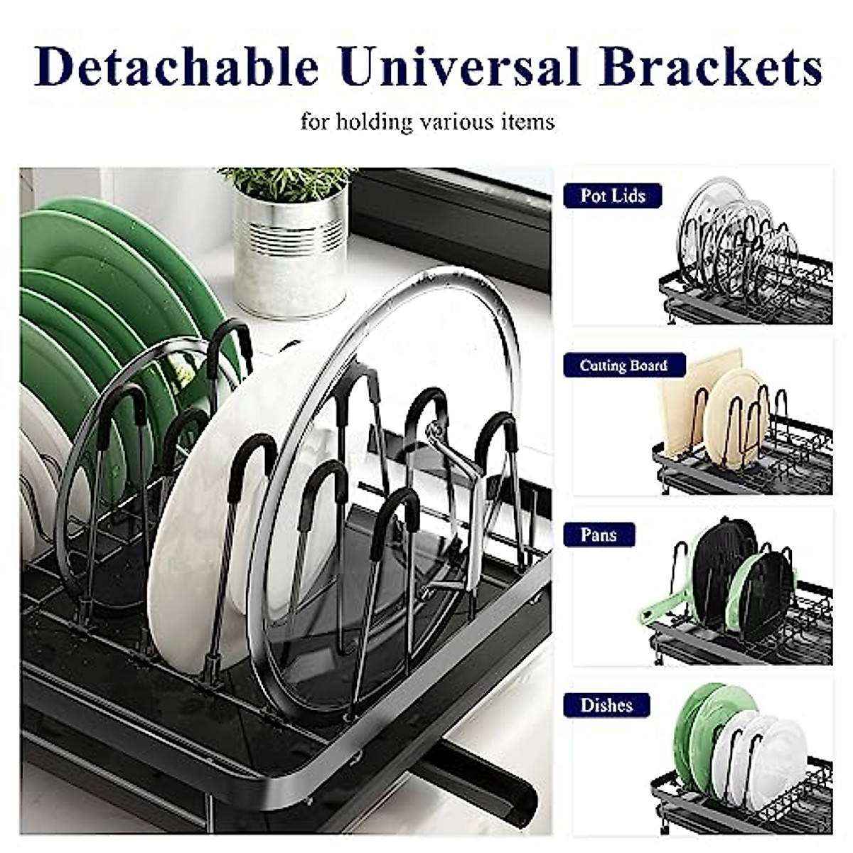 Kitsure Kitchen Dish Drying Rack - Extendable Dish Rack w/Large Capacity, Dish Rack for Kitchen Counter, Multipurpose Dish Drainer w/Detachable Brackets for Pot Lids, Dishes-4063