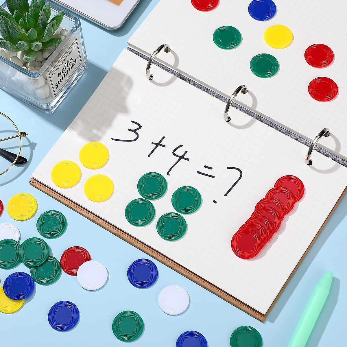 Skylety 1000 Pieces Plastic Poker Chips Bulk Game Chips 5 Colors Counter Card for Kids Game Playing Learning Math Counting Bingo Game Blank Chips Card for Kids Reward, 0.86 Inch