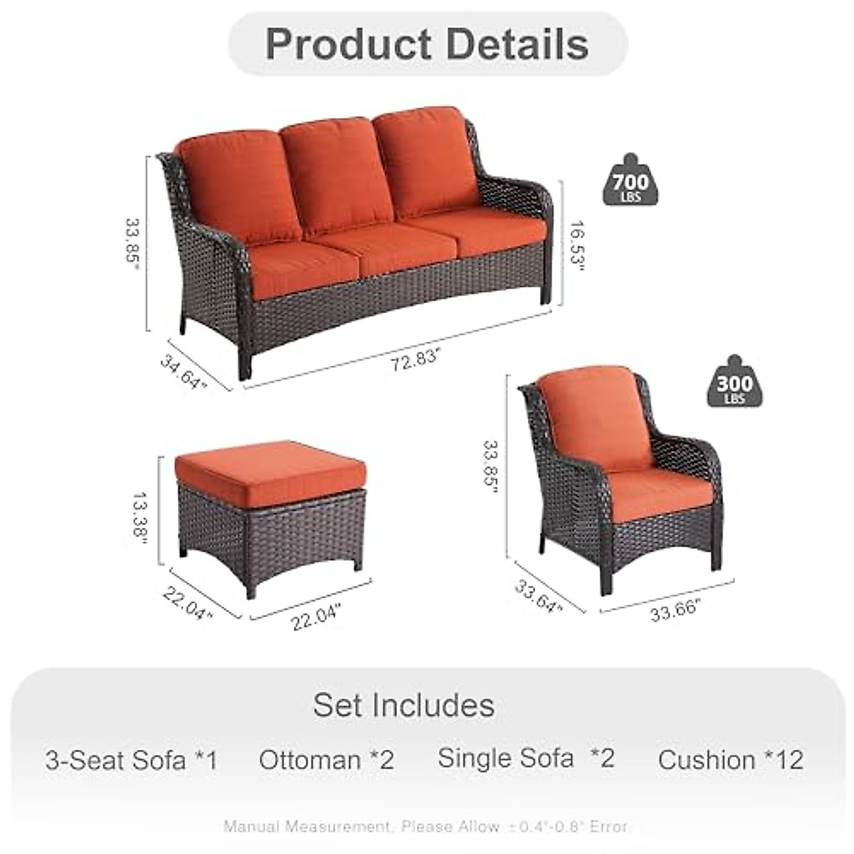 XIZZI Patio Furniture Sets with High Back Sofa,5 Pieces Outdoor Furniture Conversation Set,All Weather Wicker Outside Couch with Chairs and Ottomans,Brown Wicker Orange Red