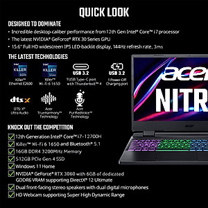 Acer Nitro 5 AN515-58-725A Gaming Laptop | Intel Core i7-12700H | NVIDIA GeForce RTX 3060 GPU | 15.6" FHD 144Hz 3ms IPS Display | 16GB DDR4 | 512GB Gen 4 SSD | Killer Wi-Fi 6 | RGB Keyboard