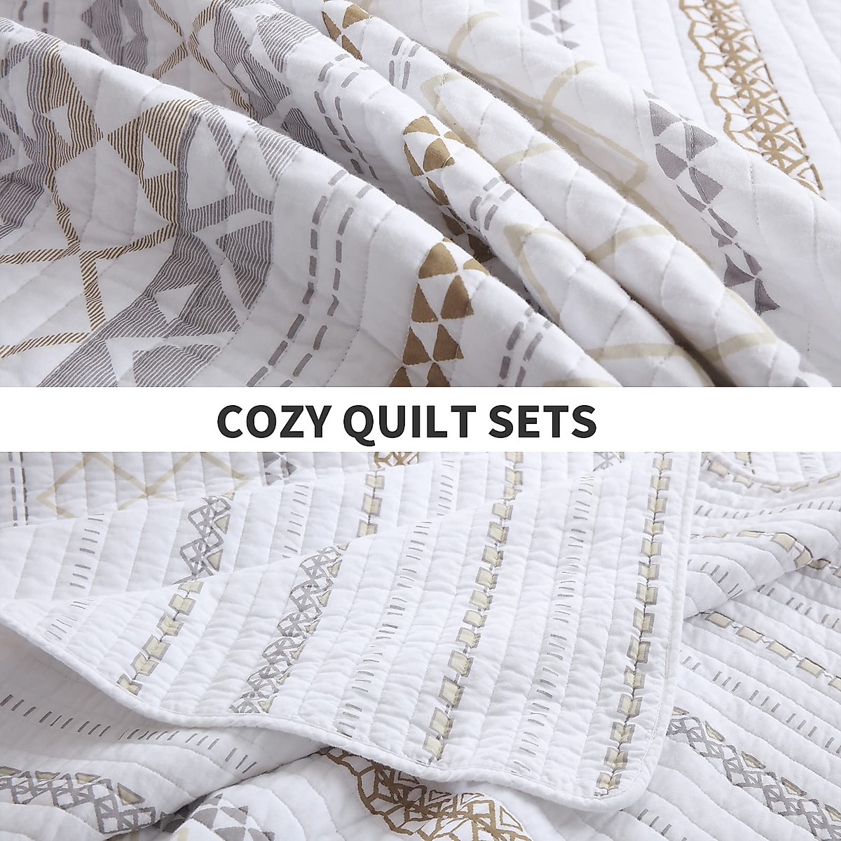 PERHOM 100% Cotton Quilt Queen Size - 3 Pieces Boho Striped Lightweight Soft Breathable Beige Gray White Bedding Set with 2 Shams, Bohemian Pattern Printed Bedspread/Coverlet/Comforter for All Season
