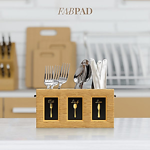 Bamboo Silverware Caddy, Cutlery Holder with Handle - 3 Compartment Utensil Holder and Easy to Clean Spoon Fork Knife Holder - Non-Slip utensil holder for kitchen counter and farmhouse kitchen décor