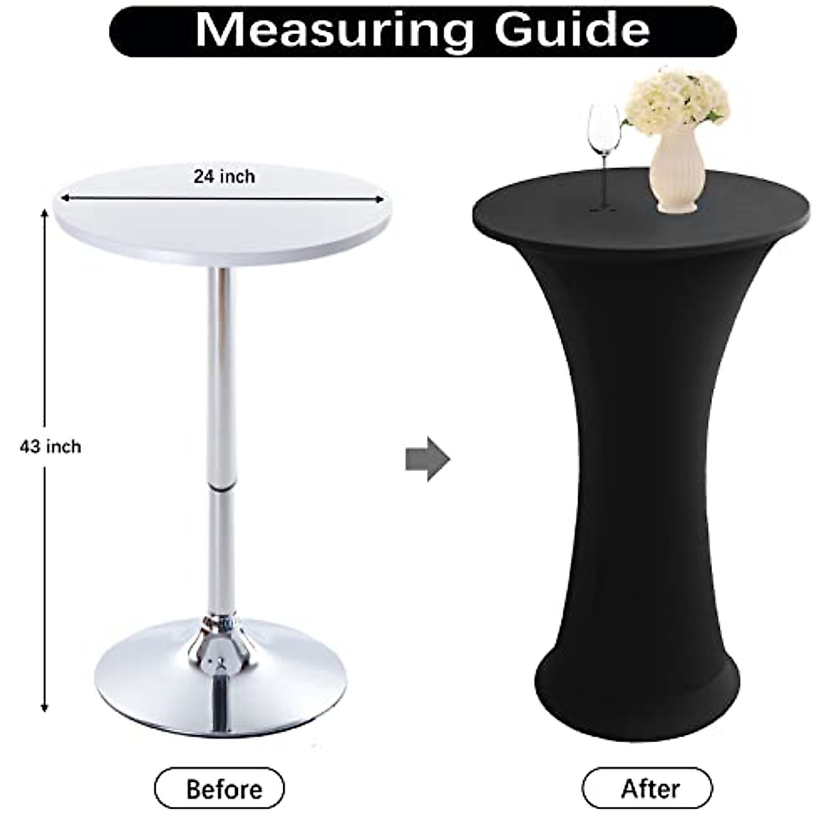 Jusmate Cocktail Spandex Stretch Round Tablecloth, 2 Pack 24"x43" Fitted Highboy Stretch Table Cover High Top Round Cocktail Tablecloth for Bar Wedding Party Banquet (Black)