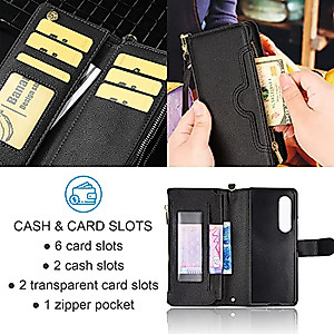 REKALRO for Galaxy Z Fold 4 Wallet Case with Card Holders, PU Leather Case Wallet Women with Long Lanyard, Wireless Charging Zipper Kickstand Magnetic Phone Case for Samsung Galaxy Z Fold 4 5G (Black)