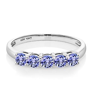 Gem Stone King 10K White Gold Blue Tanzanite 5 Stone Wedding Engagement Anniversary Promise Ring For Women (0.60 Cttw, Round 3MM, Gemstone December Birthstone, Available In Size 5, 6, 7, 8, 9)