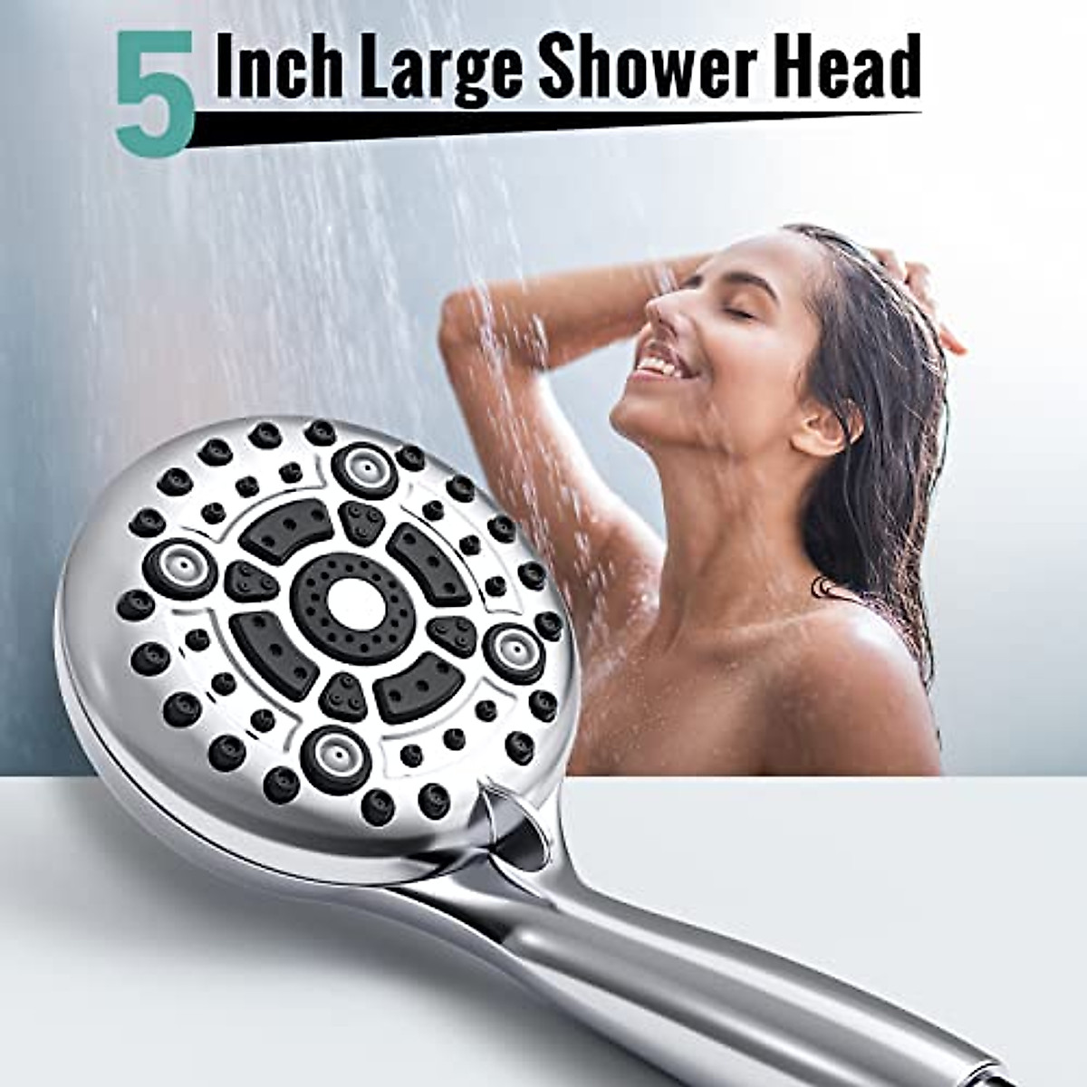 Shower Head, SR SUN RISE 6-Settings 5" High Pressure Handheld Shower Head Set with 2.45 Meter/96 Inch/ 8 FT Long Shower Hose and Shower Arm Mount with Brass Ball Joint,Chrome