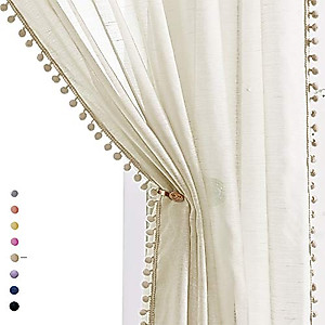 Treatmentex Pom Pom Linen Sheer Curtains for Living Room 63 inches Length Slub Textured Natural Farmhouse Window Sheers Drapes 52" w x 2 Pack, Rod Pocket