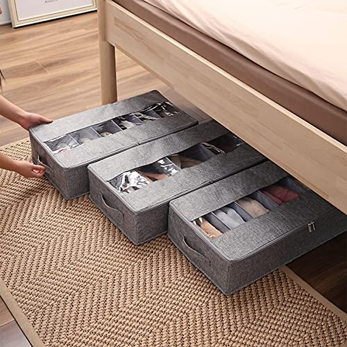 XINXA.XYZ Under Bed Storage Box Set of 2 Bedside Storage Box with Handle and Zipper for 12 Pairs of Shoes, Foldable Under-bed Multipurpose Storage Box (Grey)