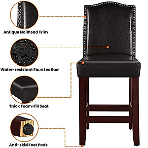 Yaheetech Bar Stools Kitchen Counter Height Stools 26 Inch High Back Leather Pub Chairs Wood Wooden Barstools Brown, 4PCS (Package 2)