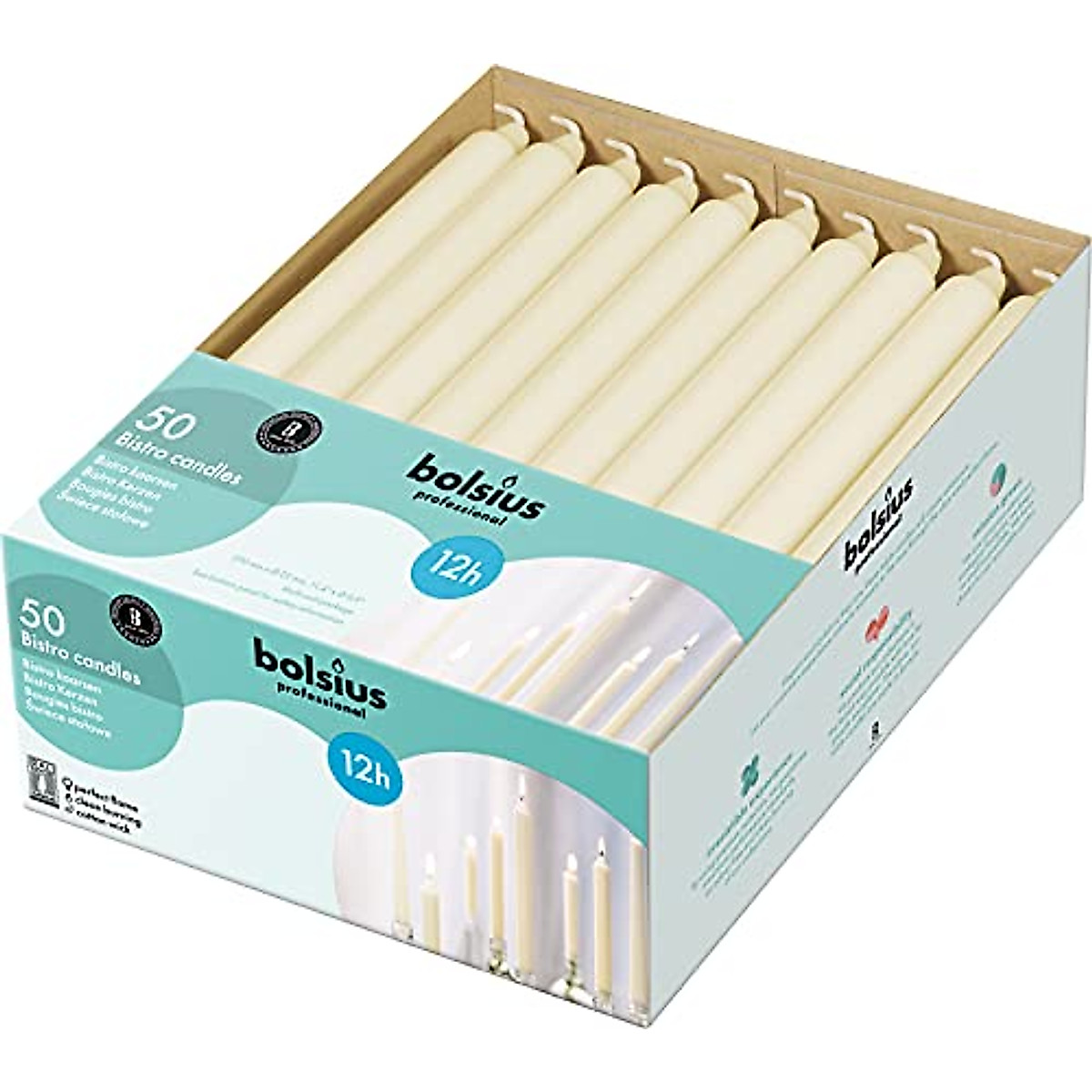 BOLSIUS Ivory Candlesticks Bulk Pack 50 Count - Unscented Dripless 11.5 Inch Household & Dinner Candle Set - 12+ Hours - Premium European Quality - Consistent Smokeless Flame - 100% Cotton Wick
