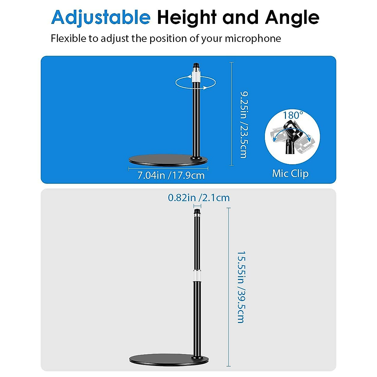 Etour Desk Microphone Stand, Upgraded Adjustable desktop Mic Stand with Mic Clip,5/8" Male Screw for Blue Yeti SM58 SM48 PGA48 AT2020, ATR2100x-USB Samson Q2U Other Microphone
