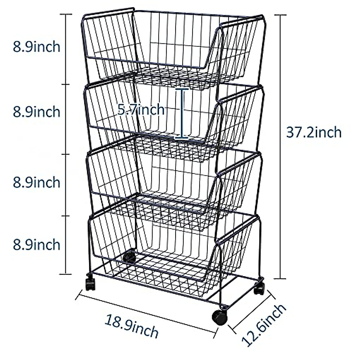 PUSDON 4-Tier Stackable Metal Storage Baskets, Anti-Rust Fruit Vegetable Rack, Dual Use Shelf for Kitchen, Home & Office, Black