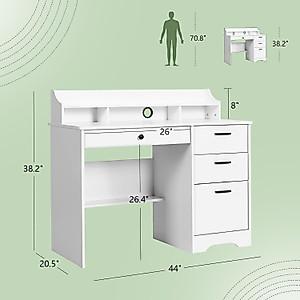 White Computer Desk with 4 Drawers, Modern Small White Desk with Large Storage Space & Hutch, Home Office Desk for Bedroom Small Spaces, White