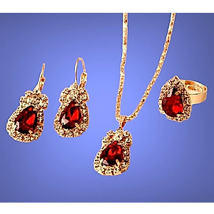 EONLINE Fashion Gemstone Claw Chain Diamond Necklace Earrings Ring Three Piece Jewelry Sets (Red Gemstone)