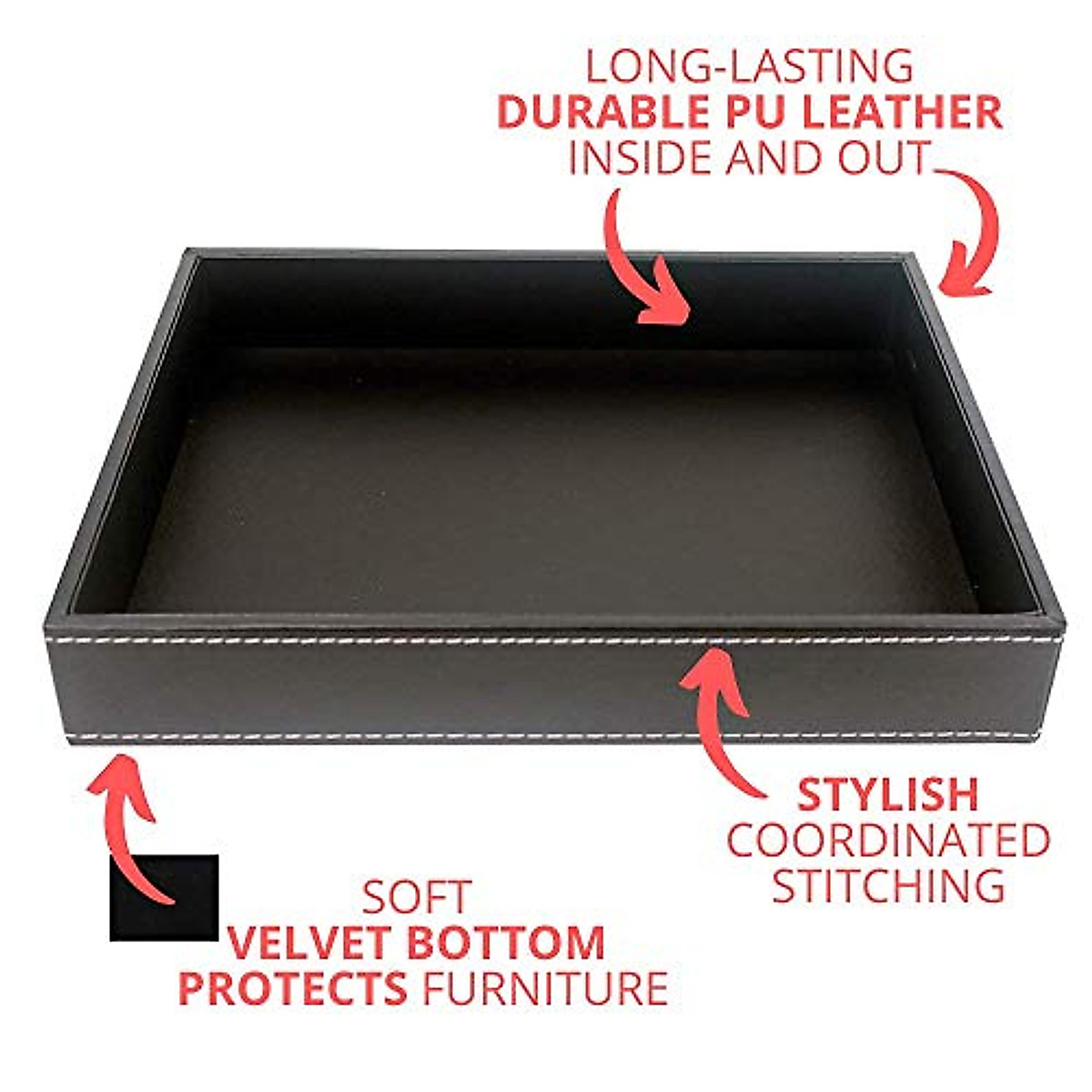 Valet Tray, Dresser Organizer, Desk Tray, Bedside Organizer, Key Bowl, Nightstand Organizer for Men, EDC Tray, Black PU Leather, 10.3 x 8.3 x 1.6 inches