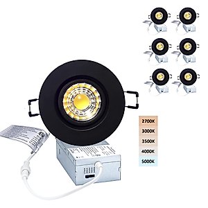 POPANU Canless Recessed Gimbal Downlight Rotatable-Spotlight 5 CCT 3 Inch Eyeball Ceilling Potlight, Dimmable Recessed Lights Fixture with Junction Box, 8W CCT Adjustable, Black Round Trim, 6 Pack