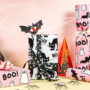 WRAPAHOLIC Halloween Reversible Wrapping Paper Roll - Mini Roll - 17 Inch X 33 Feet - Ghosts and Black Cats Design, Perfect for Halloween Decorations, Holiday, Party