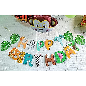 Safari Animal Happy Birthday Banner, Jungle Theme Party Decoration for Safari Zoo Forest Animal Party, Kids Wild One Birthday Baby Shower Supplies