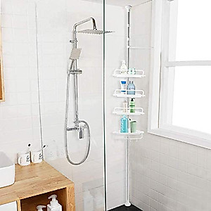 Bathroom Shower Storage Constant Tension Pole Shower Caddy Tension Pole Storage Shelves, Stainless Steel Rod, Adjustable Bathroom Shower Caddy for Shampoo Soap Tower, White
